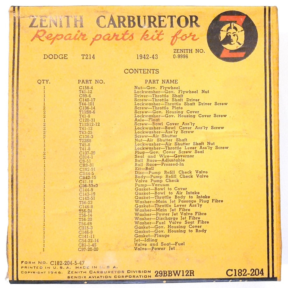 NOS Carburetor Rebuild Kit (Zenith model 29) - CC1057795 – Vintage ...